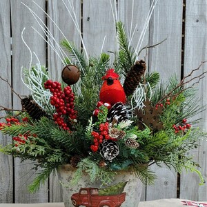 Winter Cardinal Table Top Arrangement in Galvanized Red Truck Bucket ...