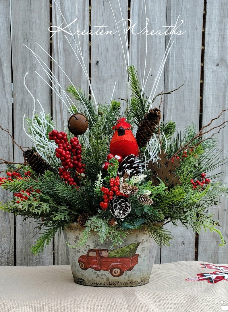 Winter Cardinal Table Top Arrangement in Galvanized Red Truck - Etsy
