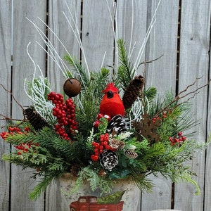Winter Cardinal Table Top Arrangement in Galvanized Red Truck Bucket ...