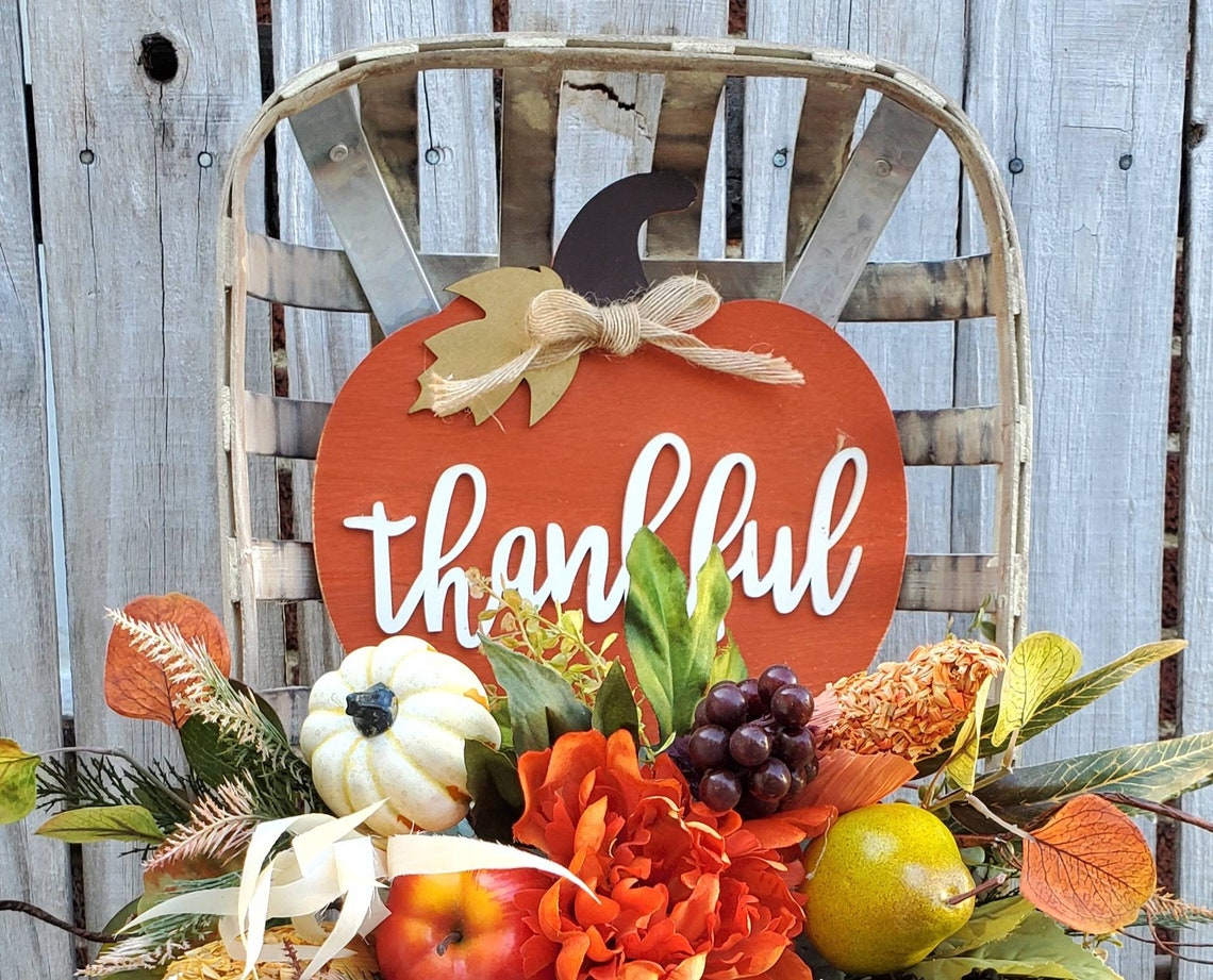 Thankful Fall Fruit Tobacco Basket With Pumpkins Sunflower and - Etsy
