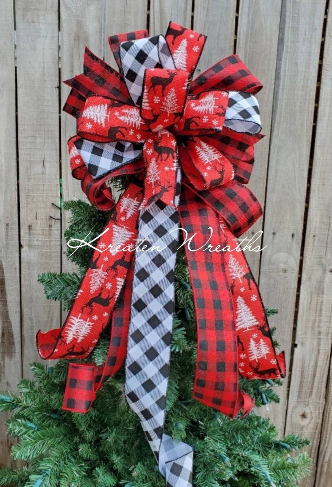 Christmas Tree Topper Bow Red White and Black Christmas Check Tree ...