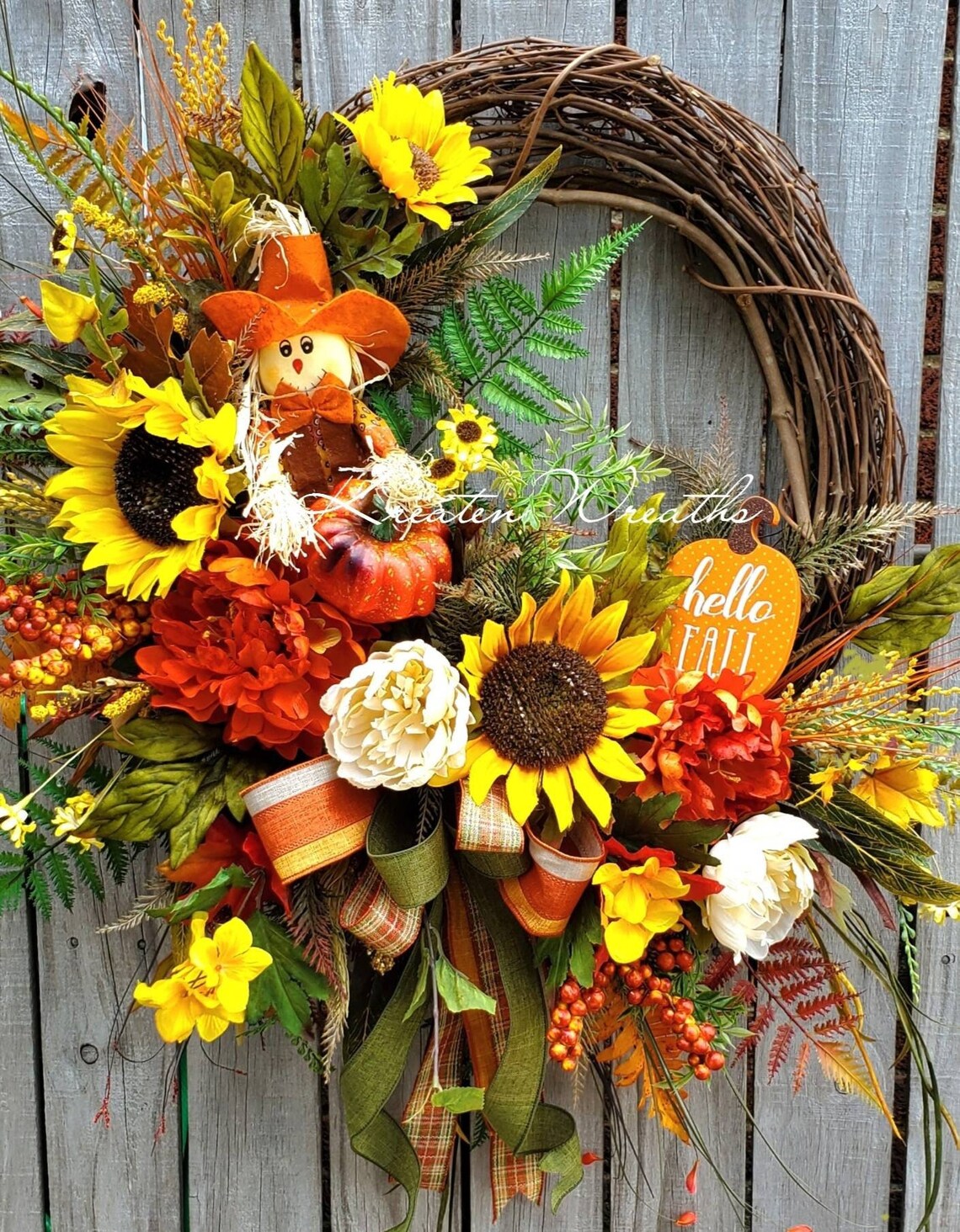 Hello Fall Scarecrow Wreath With Pumpkin Apples Corn and Peony - Etsy