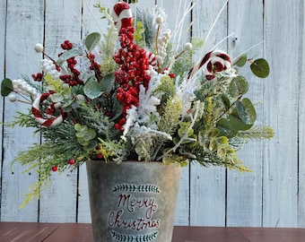 Winter Cardinal Table Top Arrangement in Galvanized Red Truck Bucket ...
