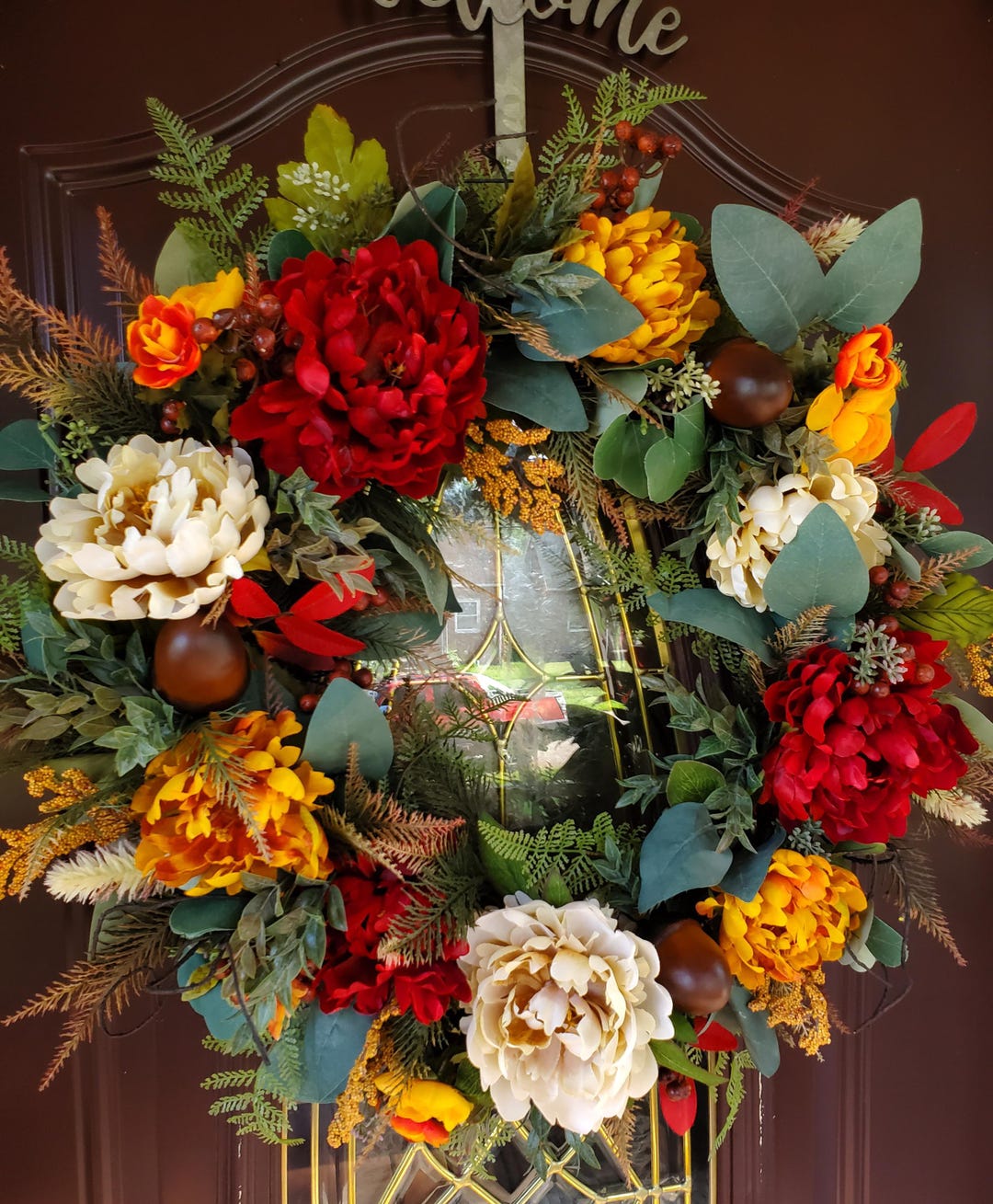 Fall Peony Wreath Autumn Harvest Peony Front Door Wreath Burgundy Cream ...