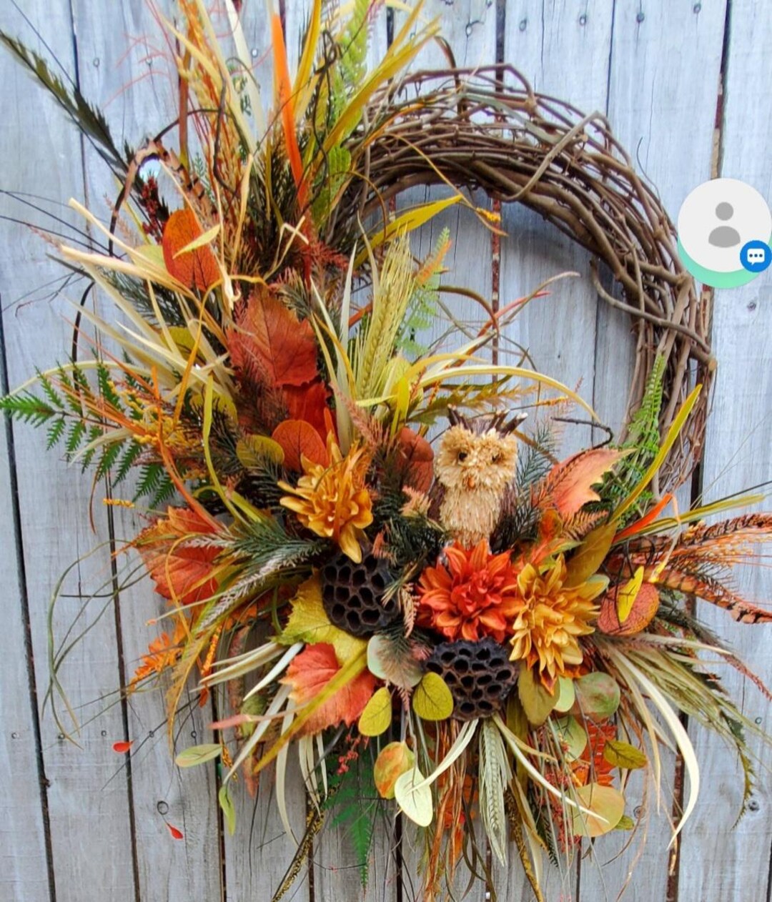 Fall Owl Dahlia Wreath With Wheat Stem and Lotus Pods Harvest Owl Wheat ...