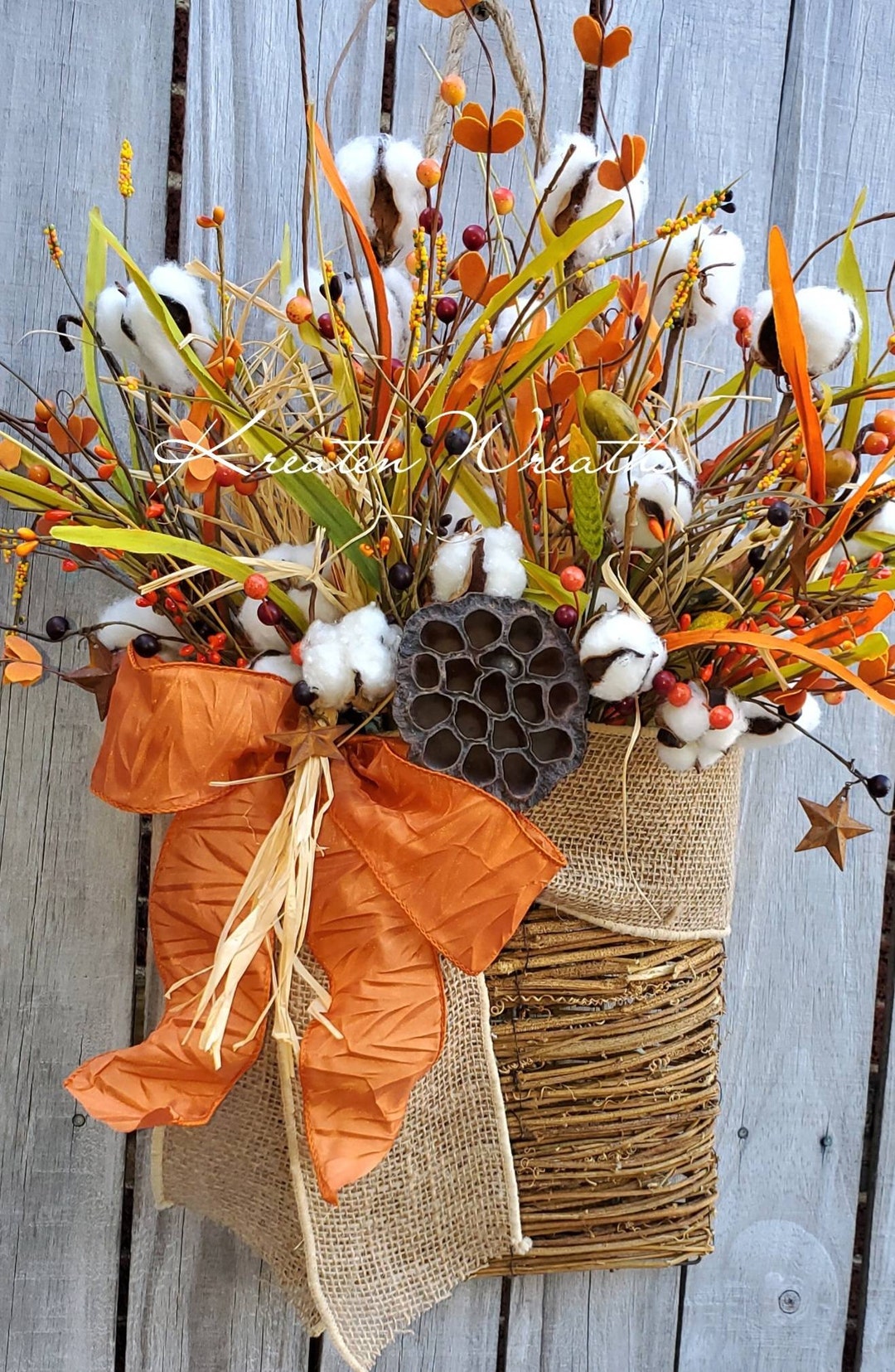 Rustic Fall Autumn Door Hanger Basket Farmhouse Cotton Fall Decor ...