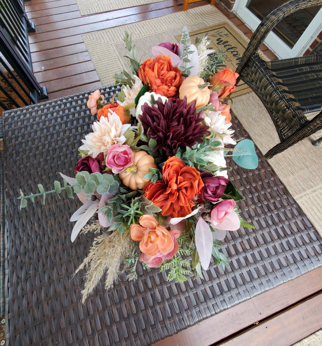 Thanksgiving Pumpkin Table Top Arrangement Ornage Burgundy Dusty Rose ...