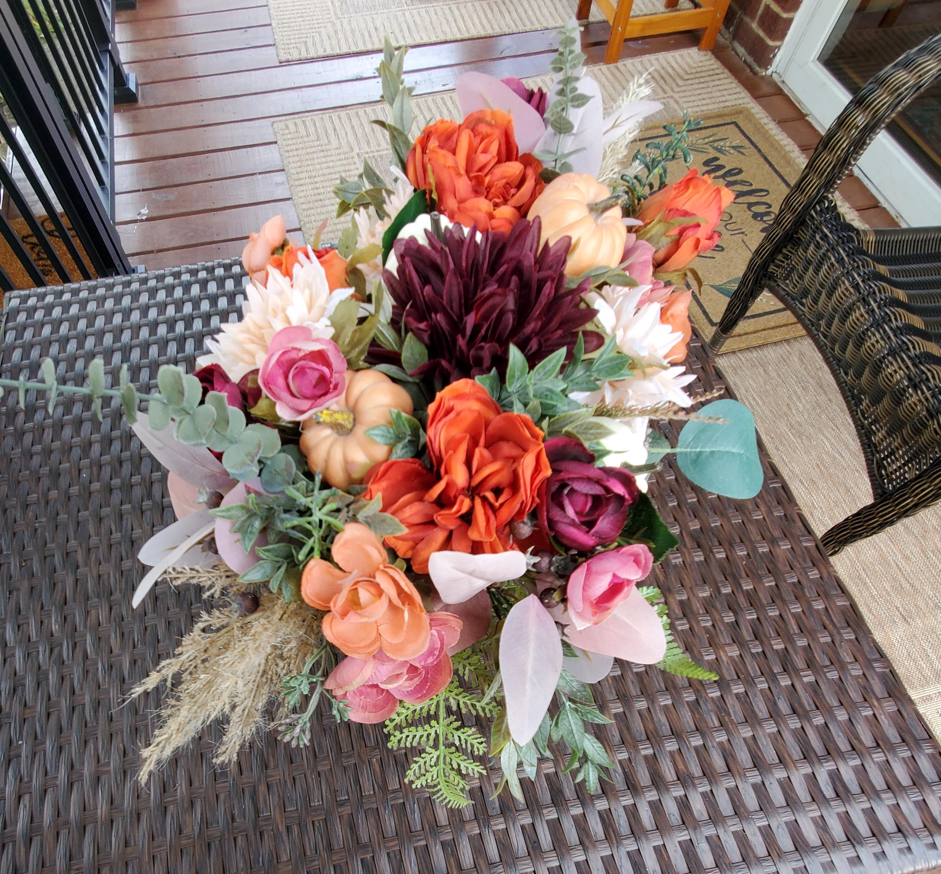 Thanksgiving Pumpkin Table Top Arrangement Ornage Burgundy Dusty Rose ...