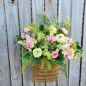 Spring Summer Wreath Frontdoor Hanging Floral Basket Pink and Green ...