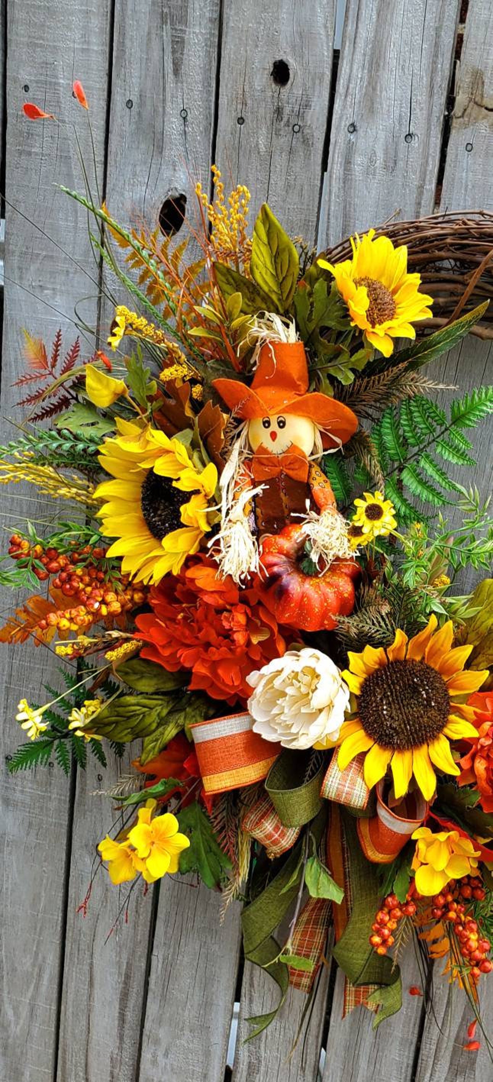 Hello Fall Scarecrow Wreath With Pumpkin Apples Corn and Peony - Etsy