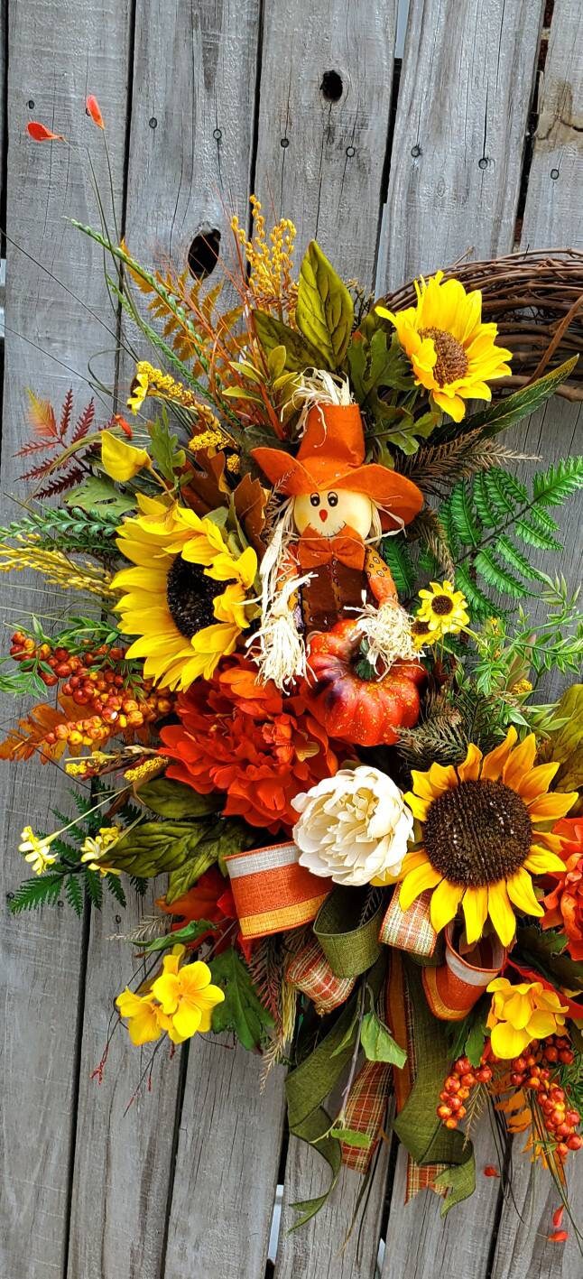 Hello Fall Scarecrow Wreath With Pumpkin Apples Corn and Peony - Etsy