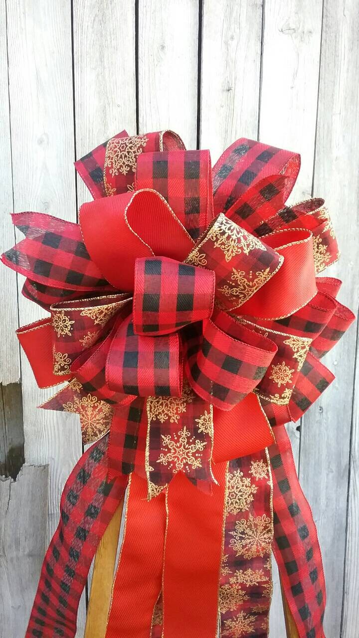 Buffalo Check Christmas Tree Topper Bow Lantern Banister | Etsy
