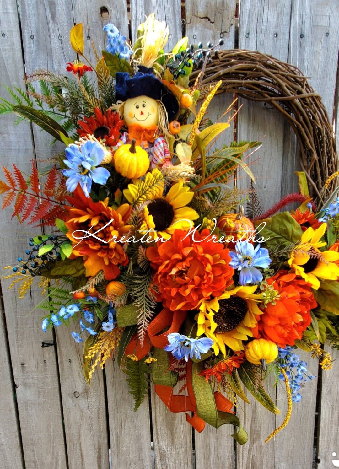 Fall Scarecrow Pumpkin Sunflower Wreath Pumpkin Fall Wreath Orange Blue ...