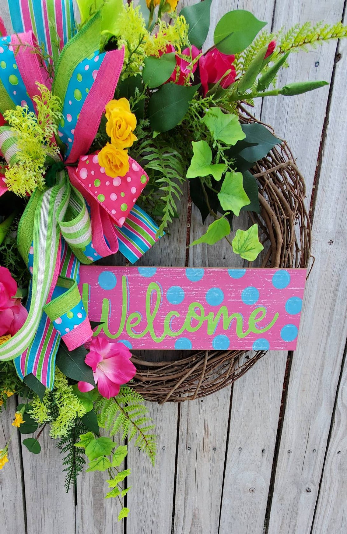 Spring Summer Wreath Hot Pink Blue and Yellow Welcome Floral - Etsy