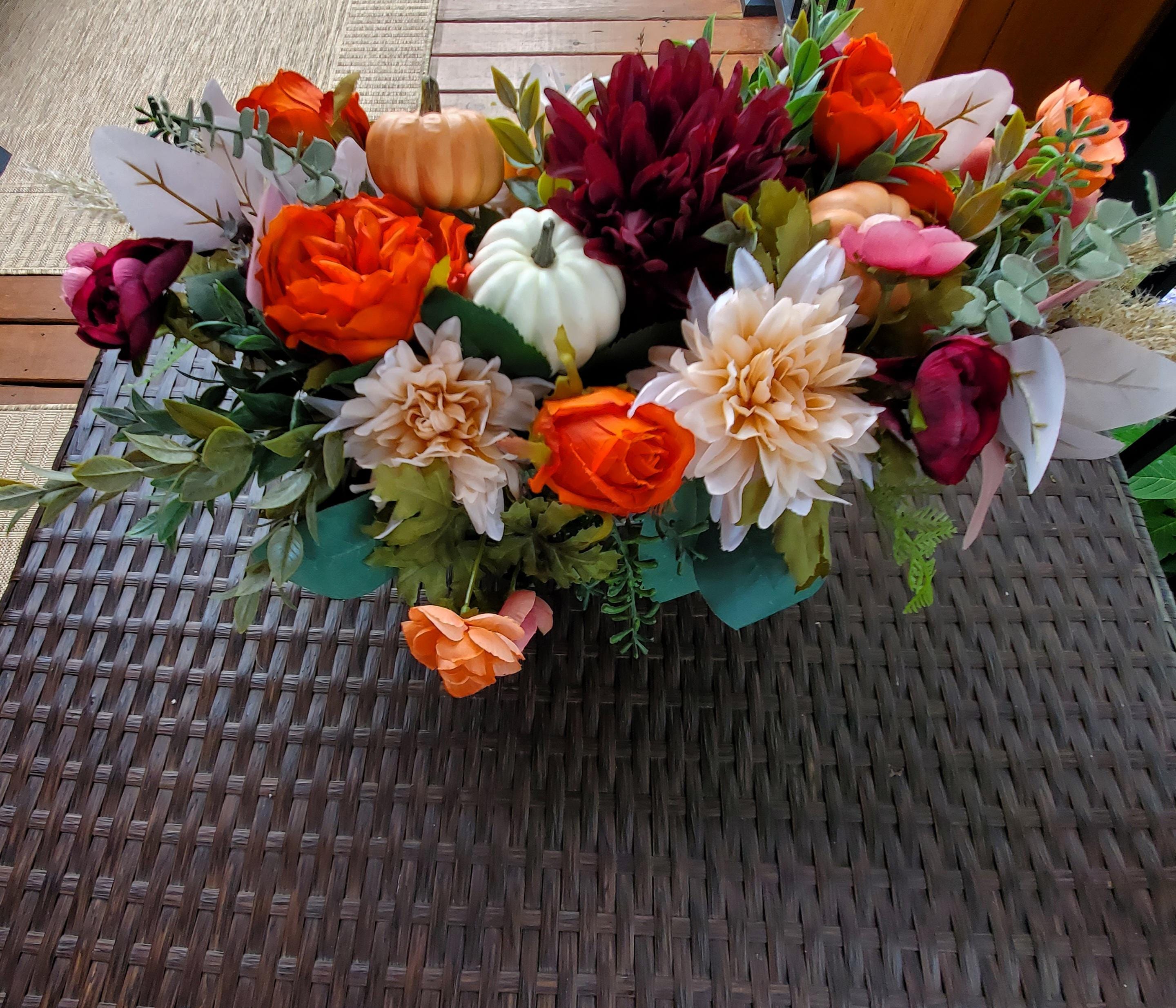 Thanksgiving Pumpkin Table Top Arrangement Ornage Burgundy Dusty Rose ...