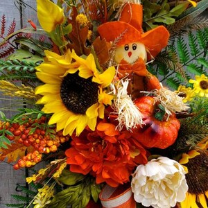 Hello Fall Scarecrow Wreath With Pumpkin Apples Corn and Peony Stems ...