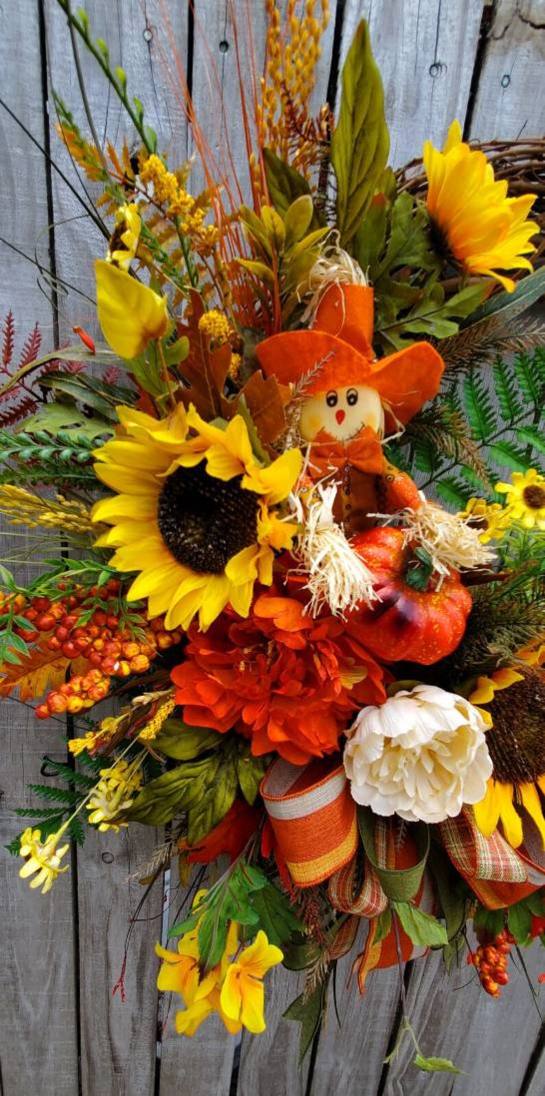 Hello Fall Scarecrow Wreath With Pumpkin Apples Corn and Peony - Etsy