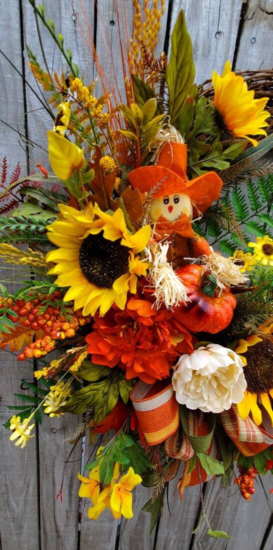 Hello Fall Scarecrow Wreath With Pumpkin Apples Corn and Peony - Etsy
