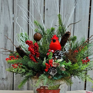 Winter Cardinal Table Top Arrangement in Galvanized Red Truck Bucket ...