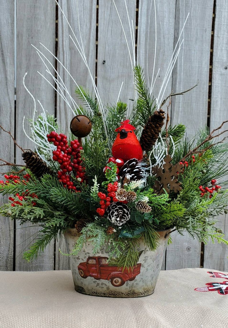 Winter Cardinal Table Top Arrangement in Galvanized Red Truck - Etsy