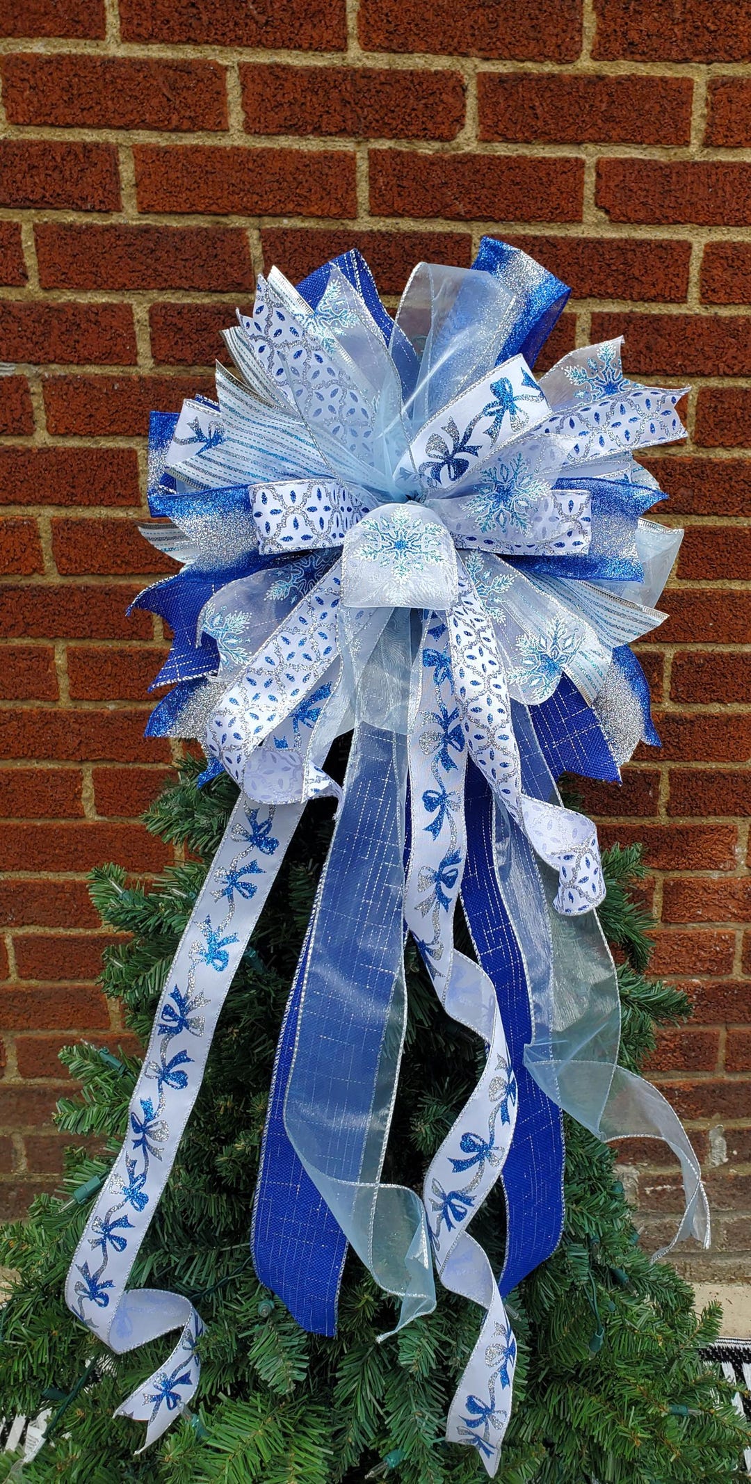 Christmas Tree Topper Bow Elegant Blue Silver and White Winter Bor for ...