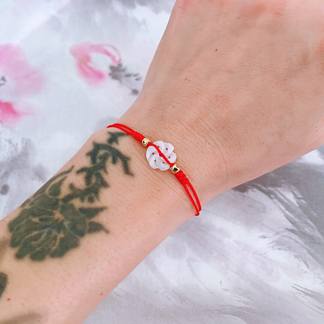 Jade Flower Bracelet: Red String Amulet, 24k Gold Plated - Etsy