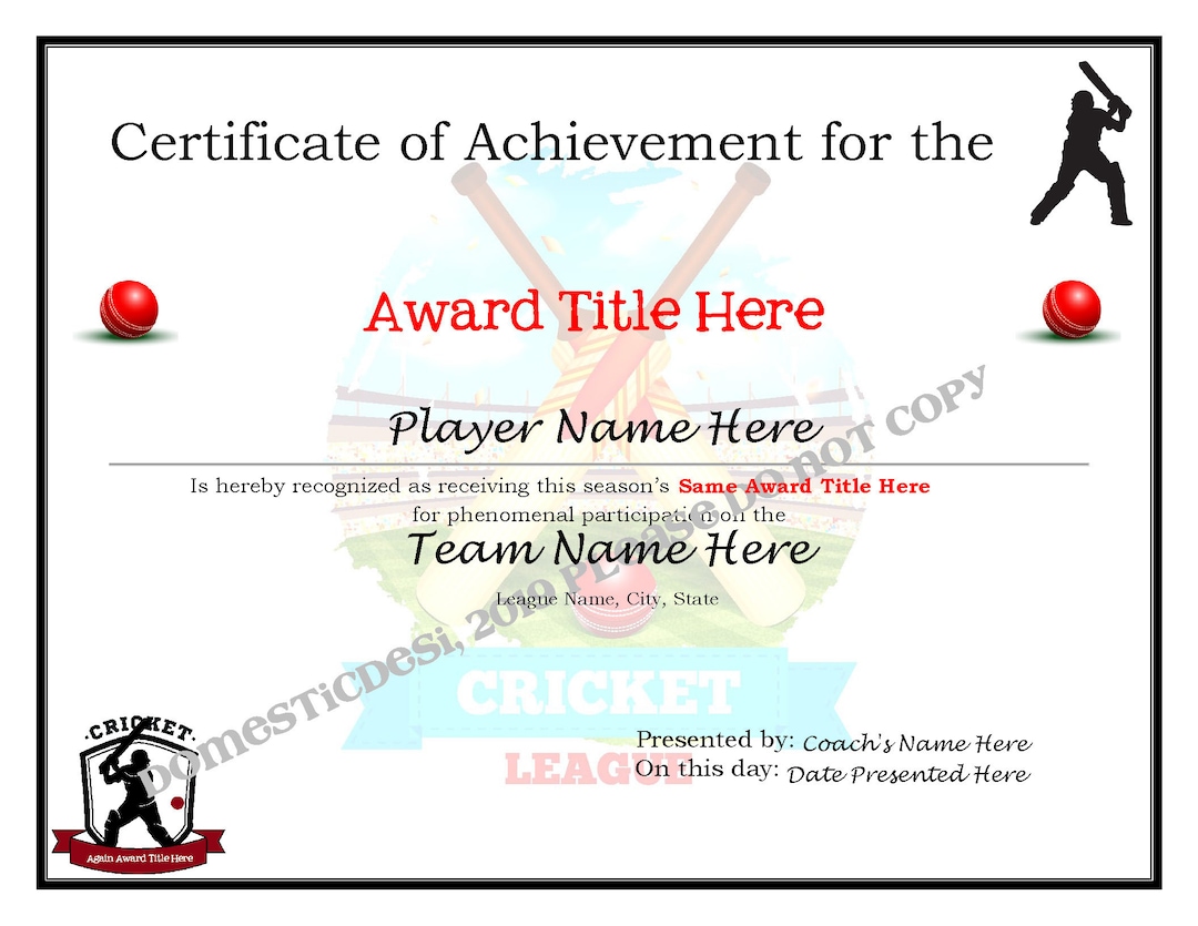 Editable Cricket Certificates Digital Downloadable and Printable ...