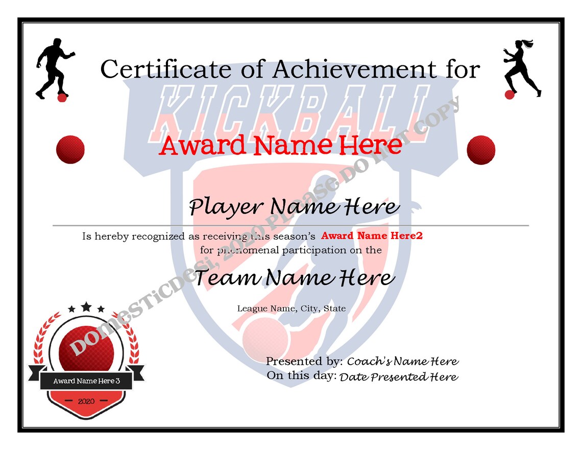 Editable Kickball Certificates Digital Downloadable Printable, Create ...