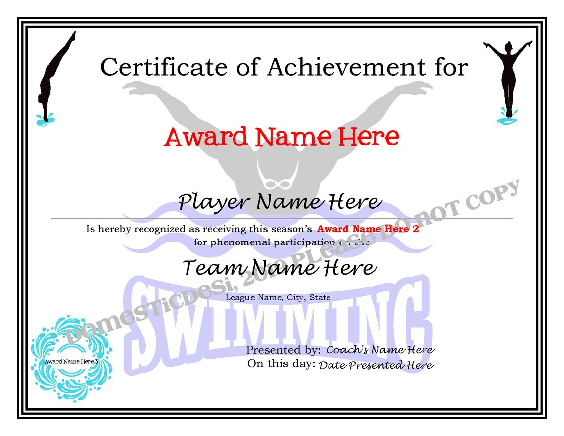 Editable Swimming Certificates Digital Download, Printable, Create Your ...