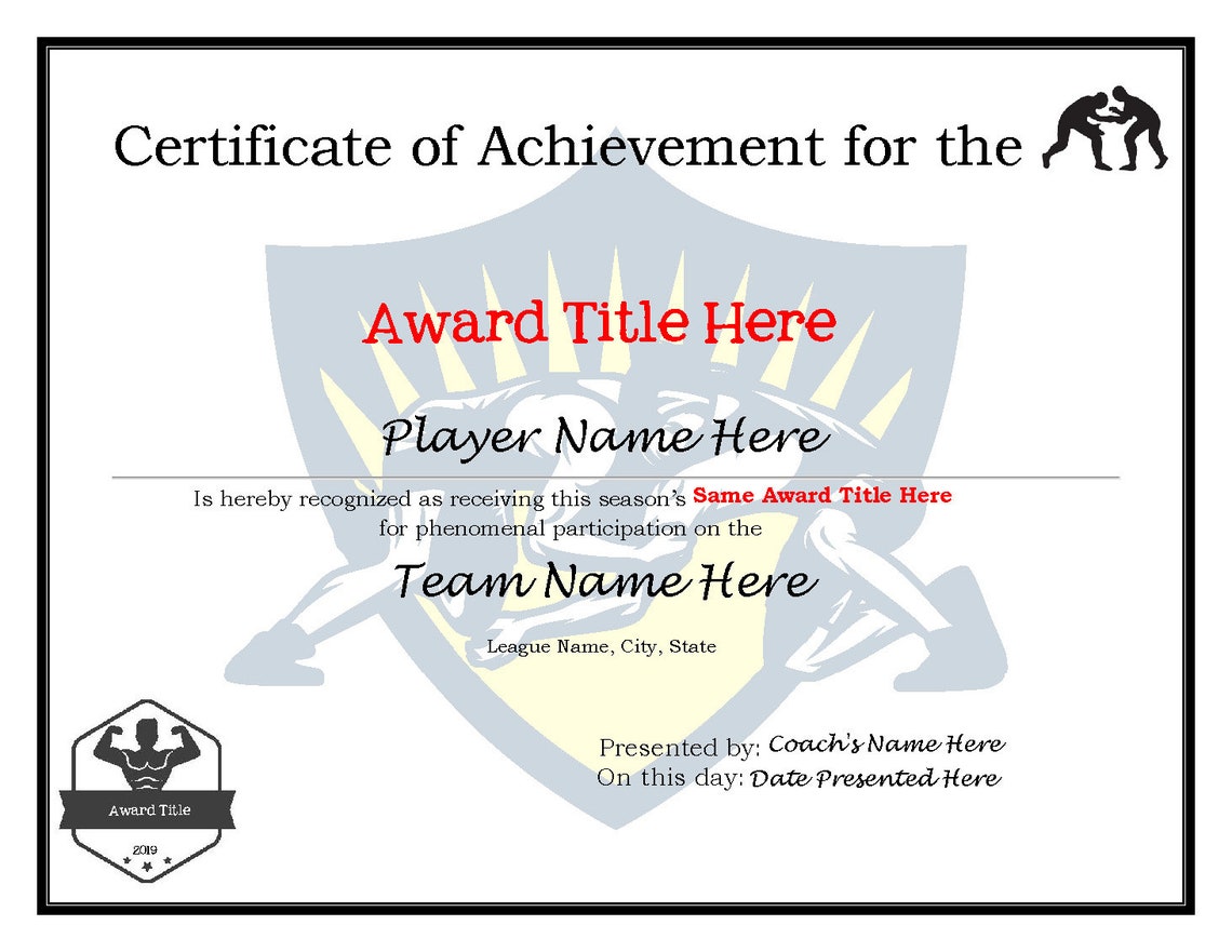 Editable Wrestling Certificates digital Downloadable Printable Etsy