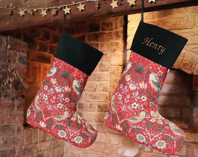 Red William Morris Christmas Stocking, Embroidered Personalised ...