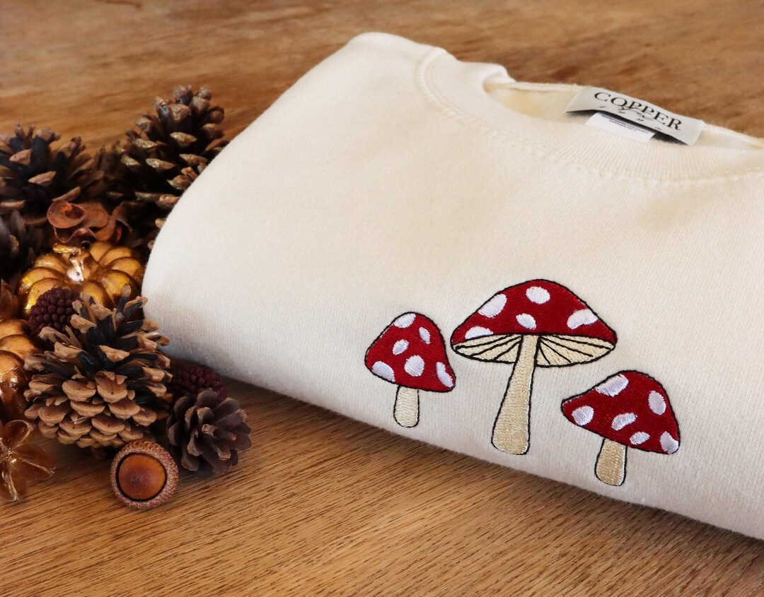 Three Mushrooms Embroidered Sweatshirt, Autumn Clothing, Embroidery ...