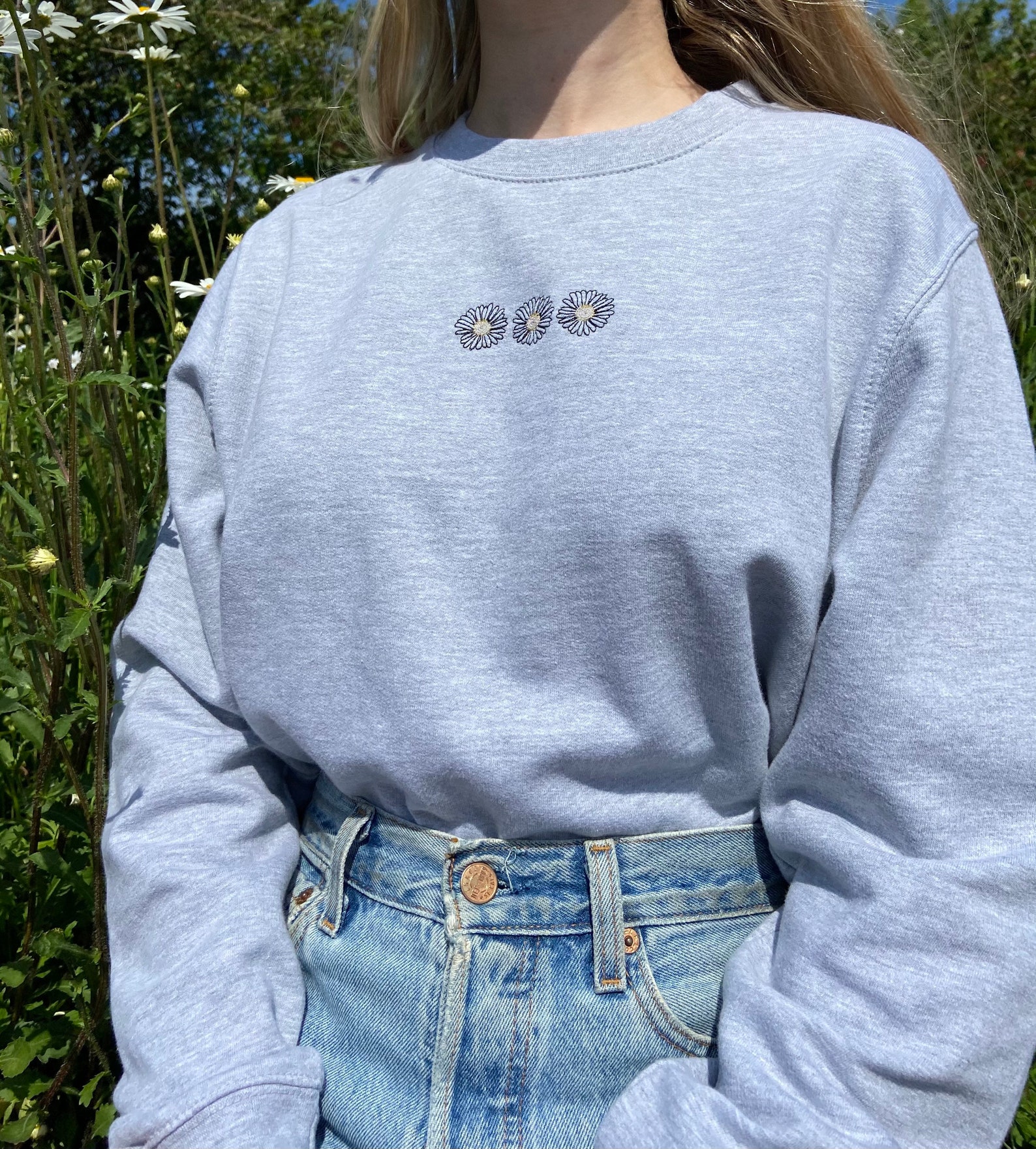 Daisy Jumper Embroidery Sweatshirt Flowers Grey Hoodie | Etsy