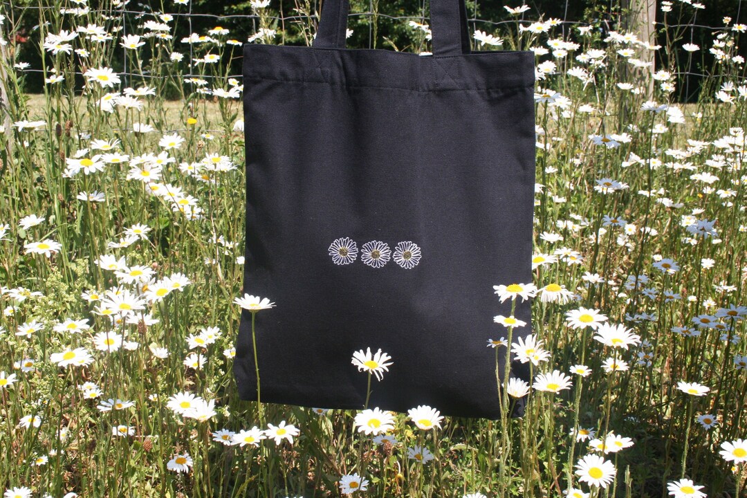 Embroidered Daisy Tote Bag: Handmade Recycled Cotton Shopper - Etsy