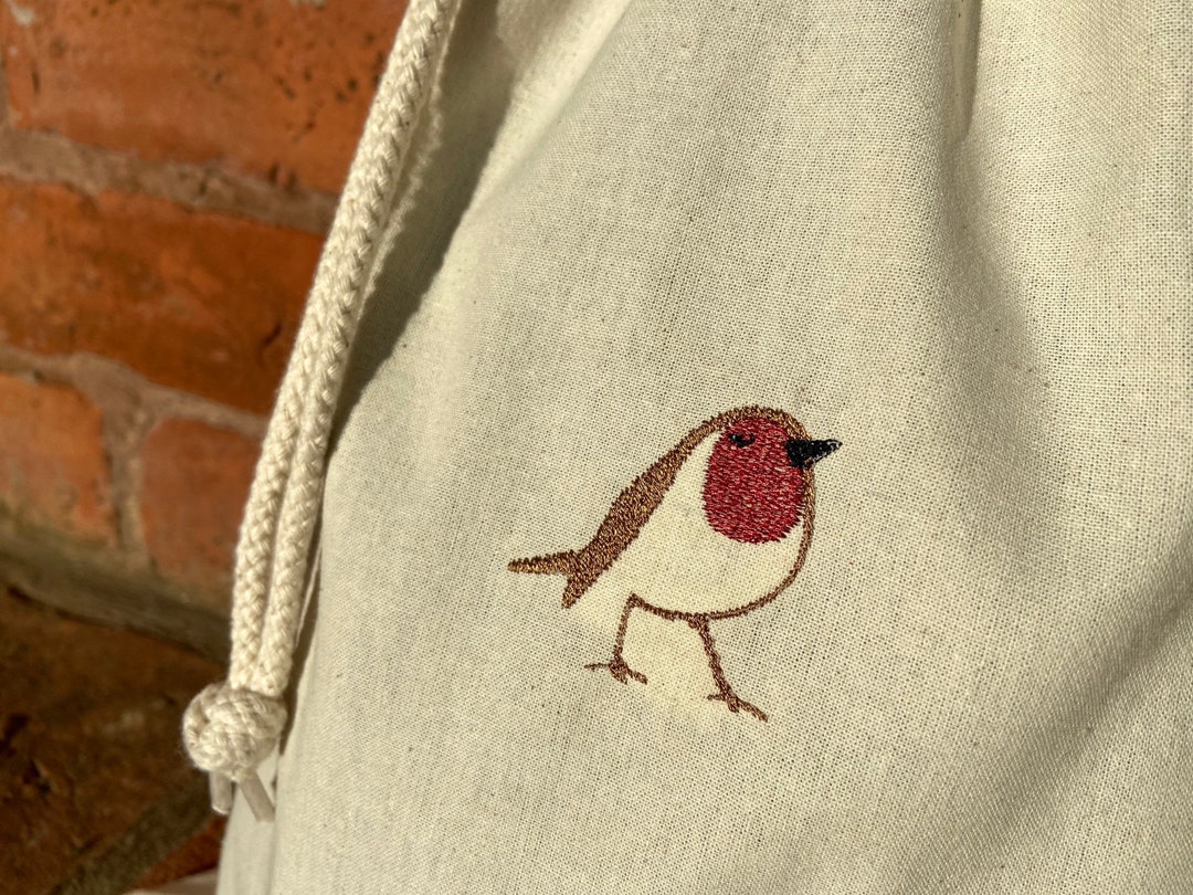 Robin Embroidered Drawstring Bag, 2 Sizes, Christmas Gift Bag, Xmas ...