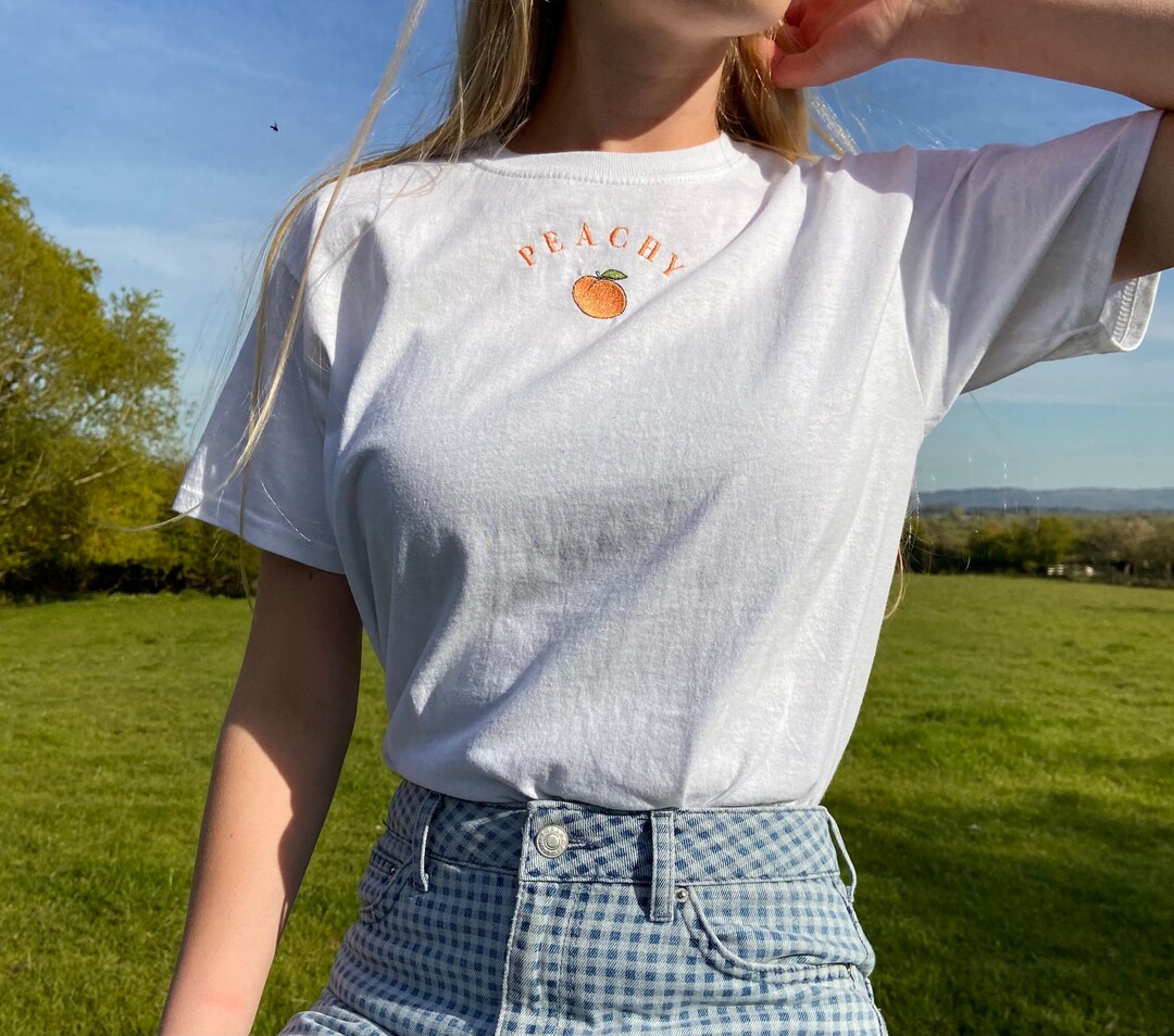 Peachy Embroidered T-shirt, Sustainable Clothing, Embroidery, White Tee ...