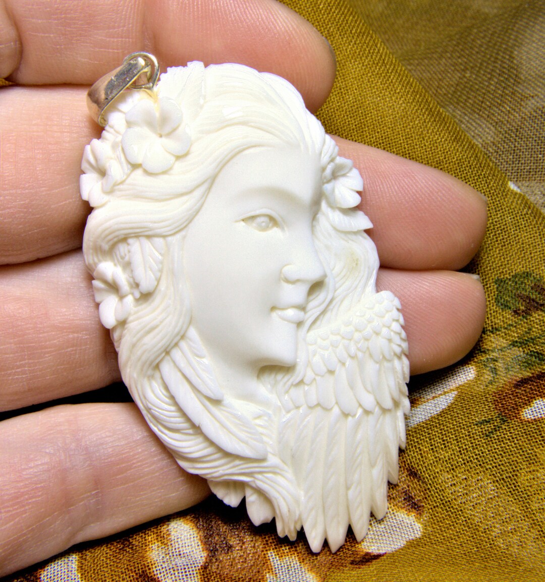 73.5 Carat Weight Carved Bone Angel Pendant W/sterling Silver Bail ...
