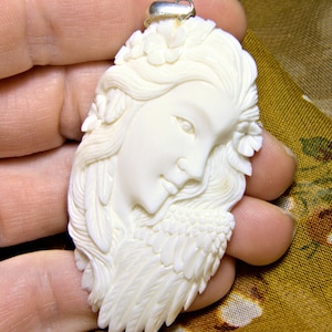 Carved Bone Angel Pendant W/sterling Silver Chain Bone Necklace - 73.5 ...