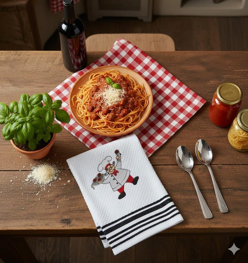 White Kitchen Towel- Fat Chef Spaghetti and Meatballs- Italian Chef - Etsy