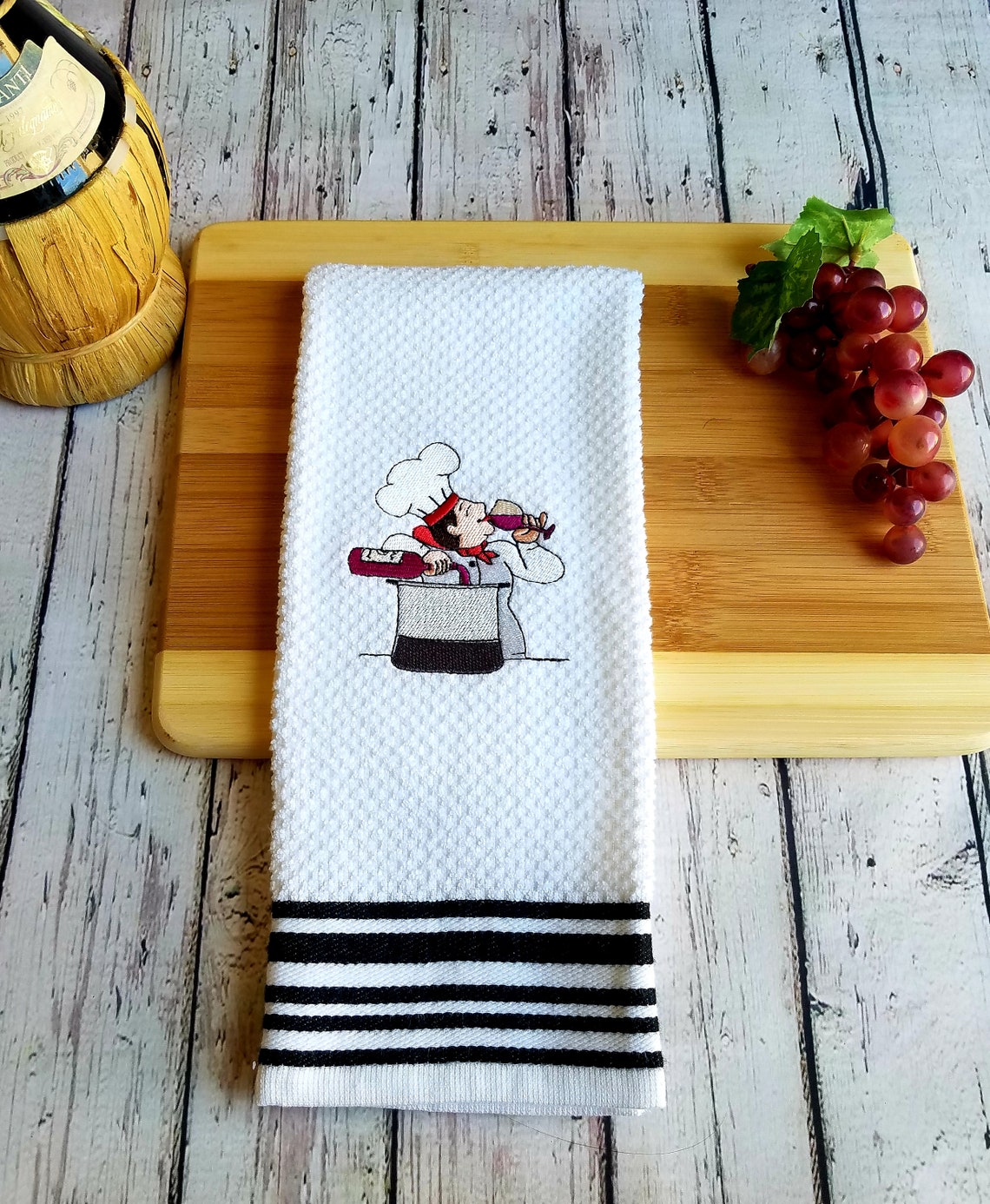 Fat Chef Black Striped Kitchen Towel Cooking With Wine | Etsy