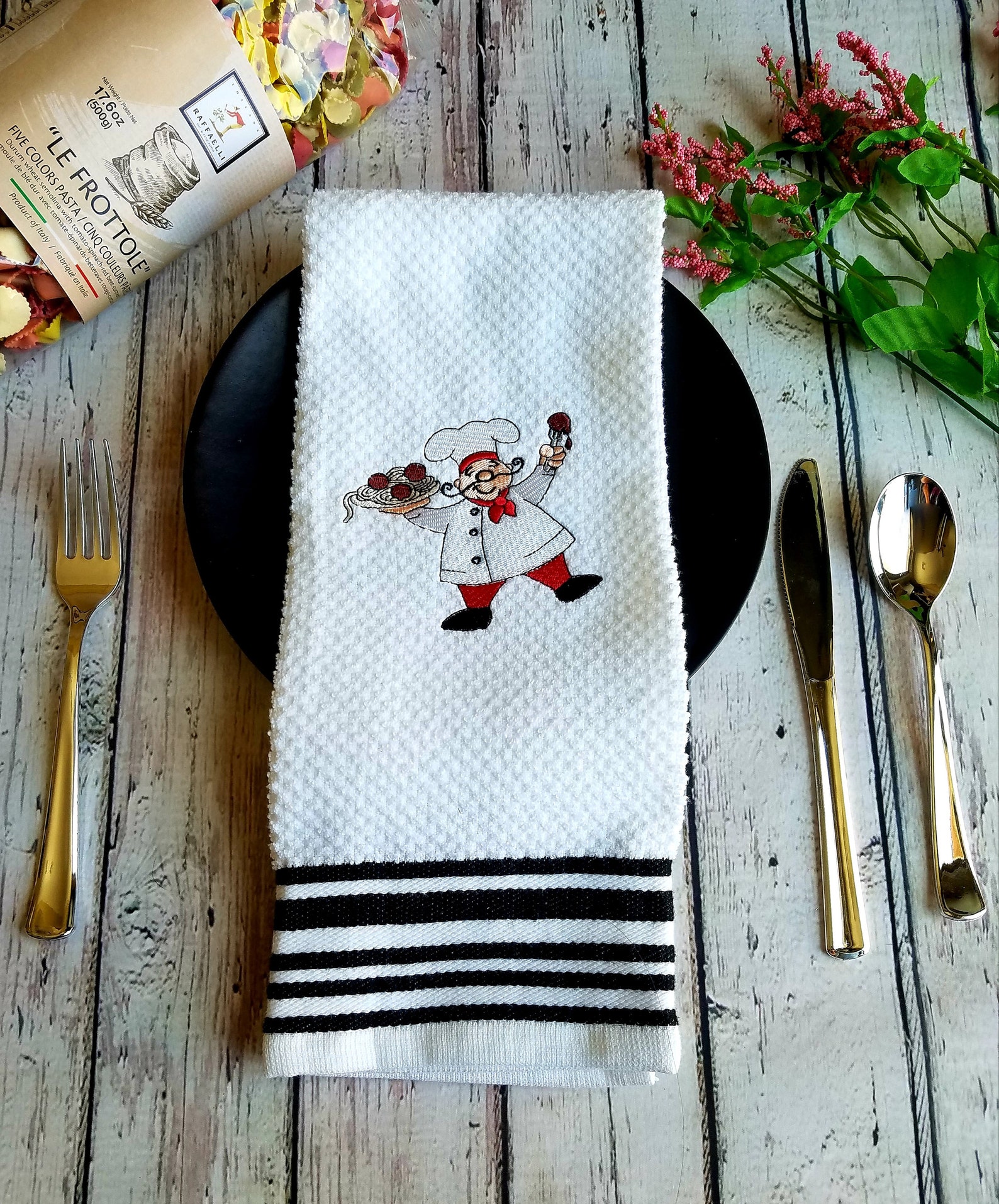 White Kitchen Towel- Fat Chef Spaghetti and Meatballs- Italian Chef - Etsy