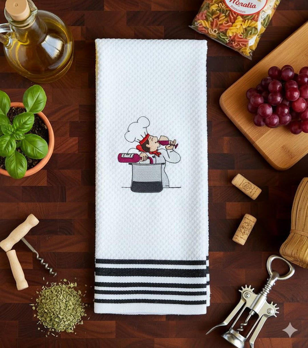 White Kitchen Towel - Fat Chef Cooking With Wine - Italian Chef Towels ...