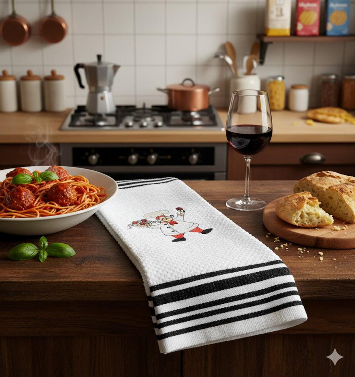 White Kitchen Towel- Fat Chef Spaghetti and Meatballs- Italian Chef - Etsy