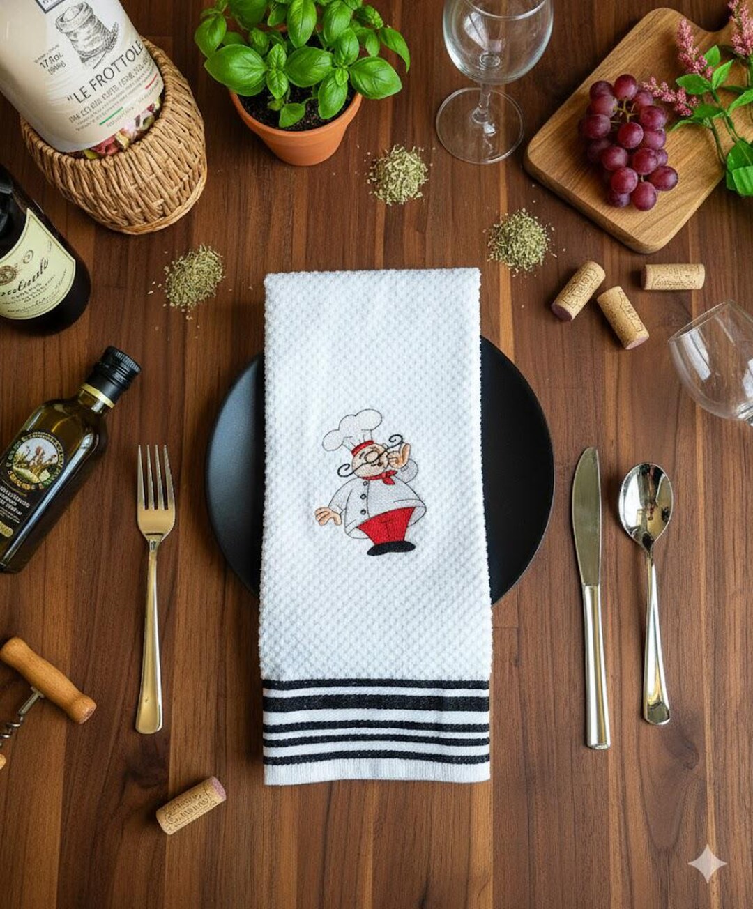 Embroidered Fat Chef Kitchen Towel - White With Black Stripes - Etsy