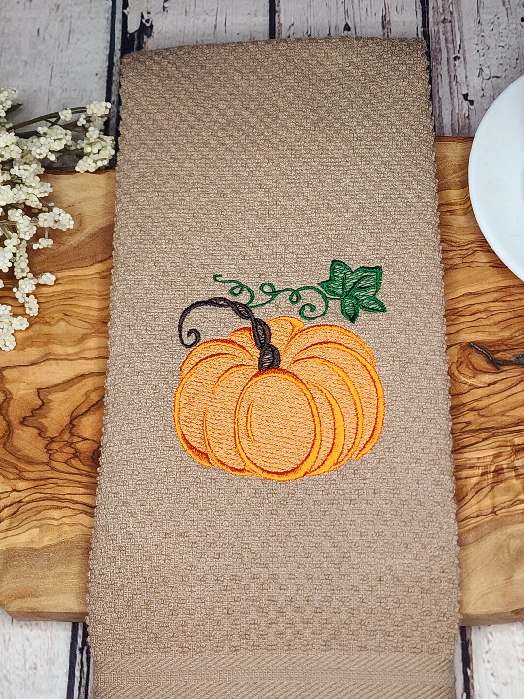 Tan Kitchen Towel - Fall Pumpkin - Embroidered Towel - Etsy