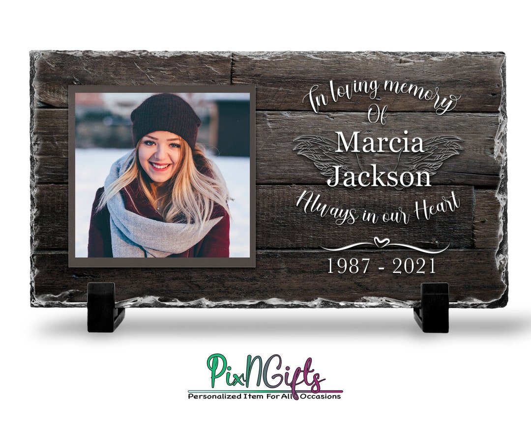 Personalized Memorial Photo Slate Plaque, Wood Texture Memorial Rock ...