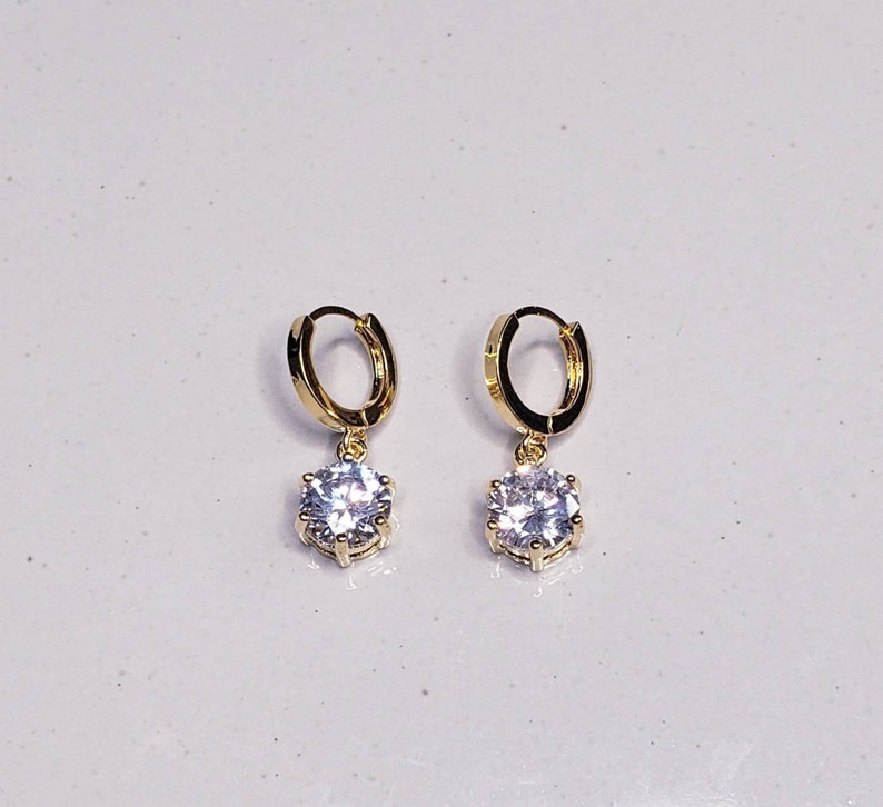 Gold Small Loop Earrings With Dangling Cubic and Solid 14k | Etsy