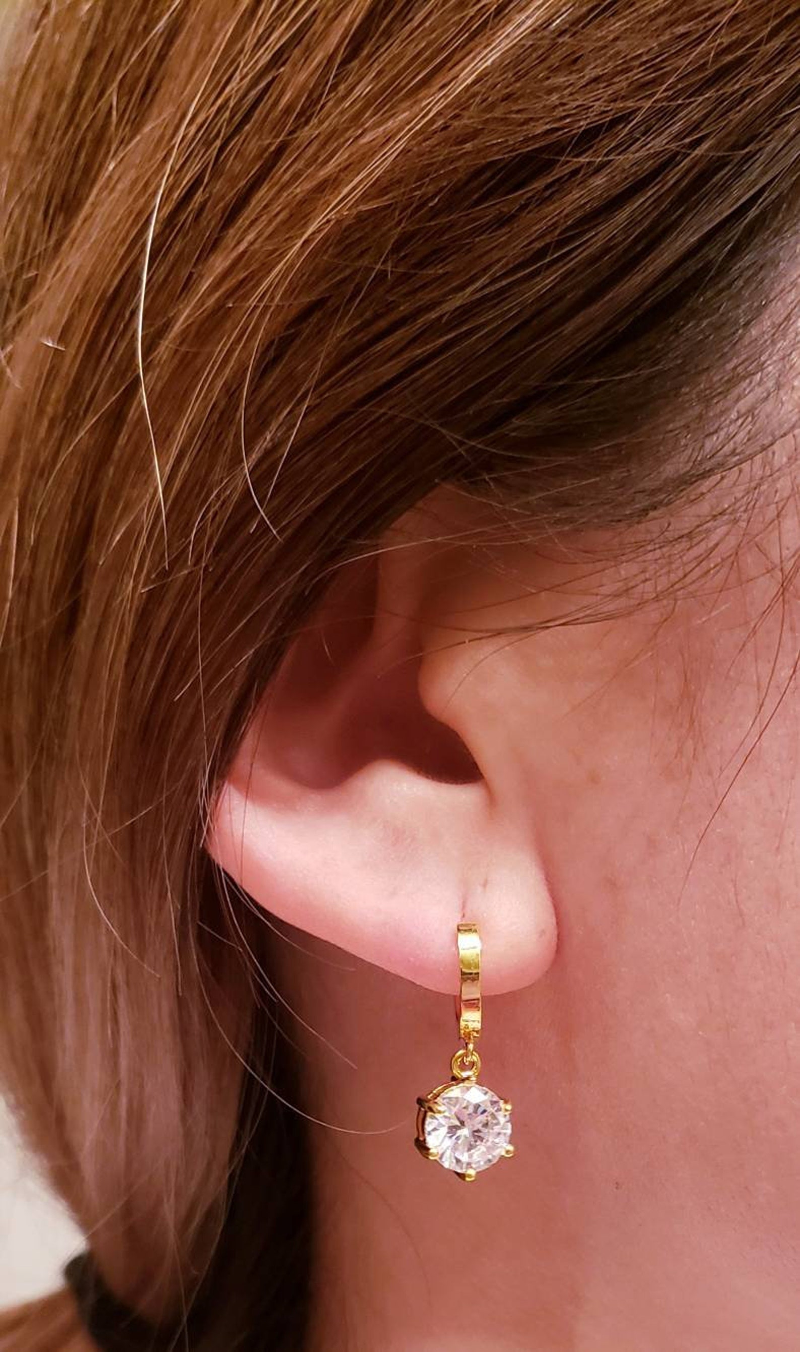 Gold Small Loop Earrings With Dangling Cubic and Solid 14k | Etsy
