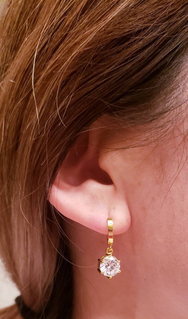 Gold Small Loop Earrings With Dangling Cubic and Solid 14k | Etsy