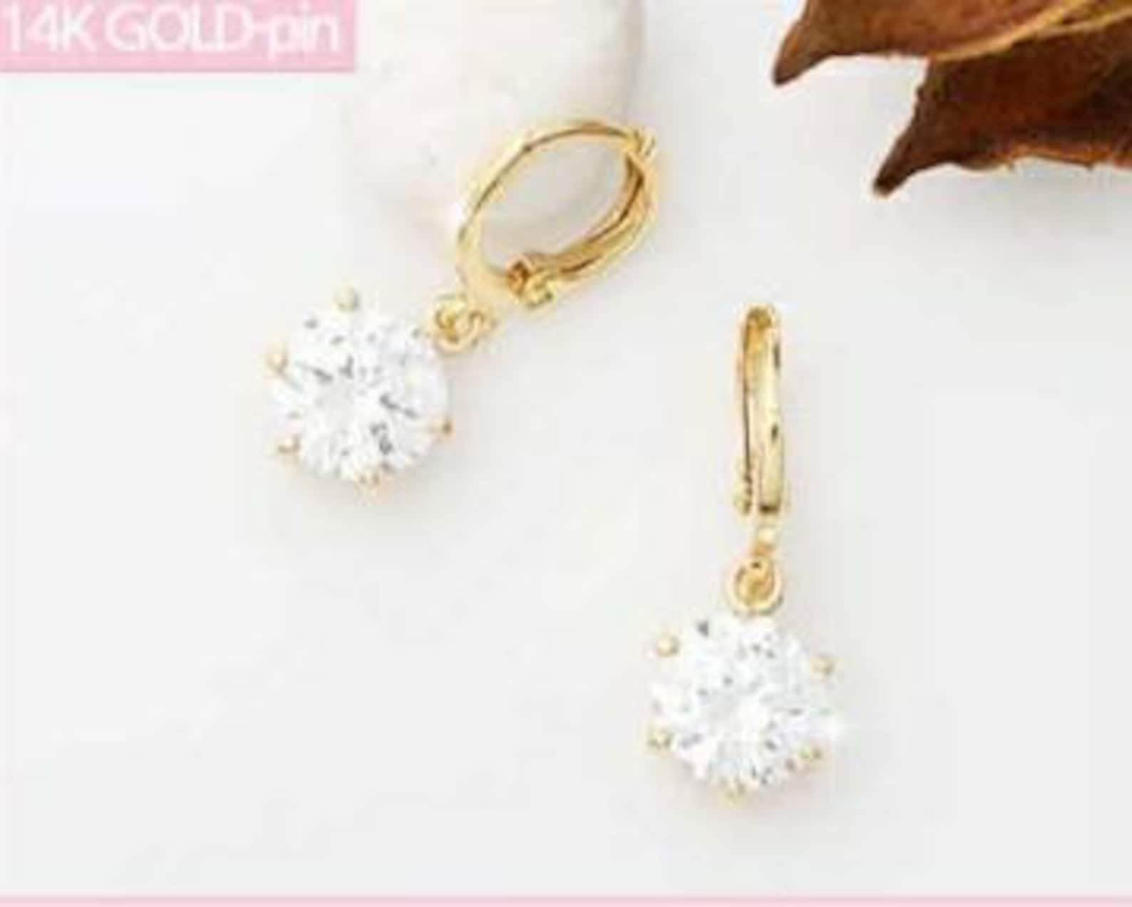 Gold Small Loop Earrings With Dangling Cubic and Solid 14k | Etsy